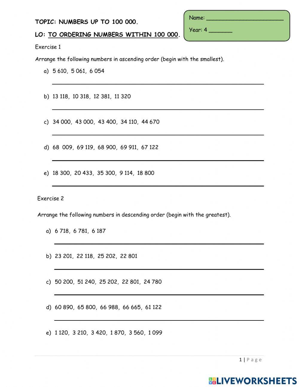 Numbers up to 100 000 interactive worksheet | Live Worksheets