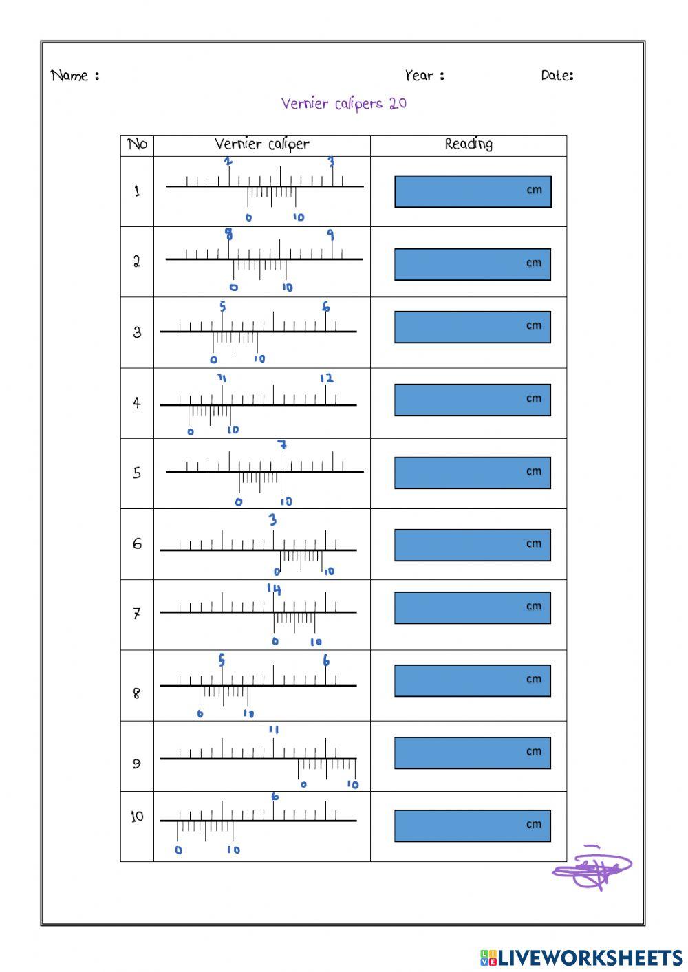 Vernier Caliper Reading Exercises