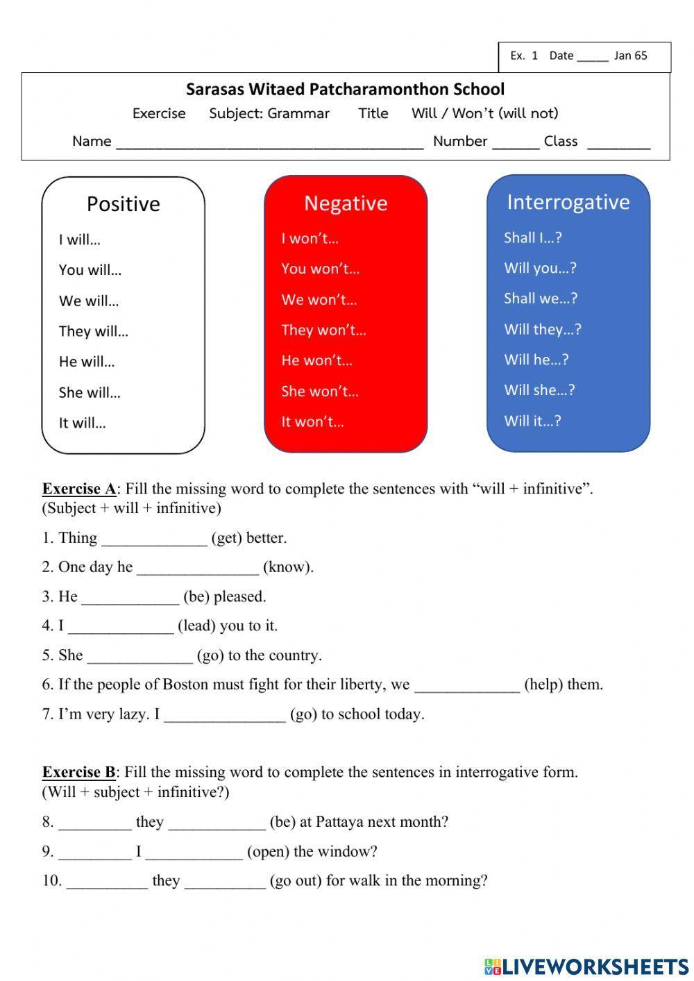 Will, won't | Free Interactive Worksheets | 1827478