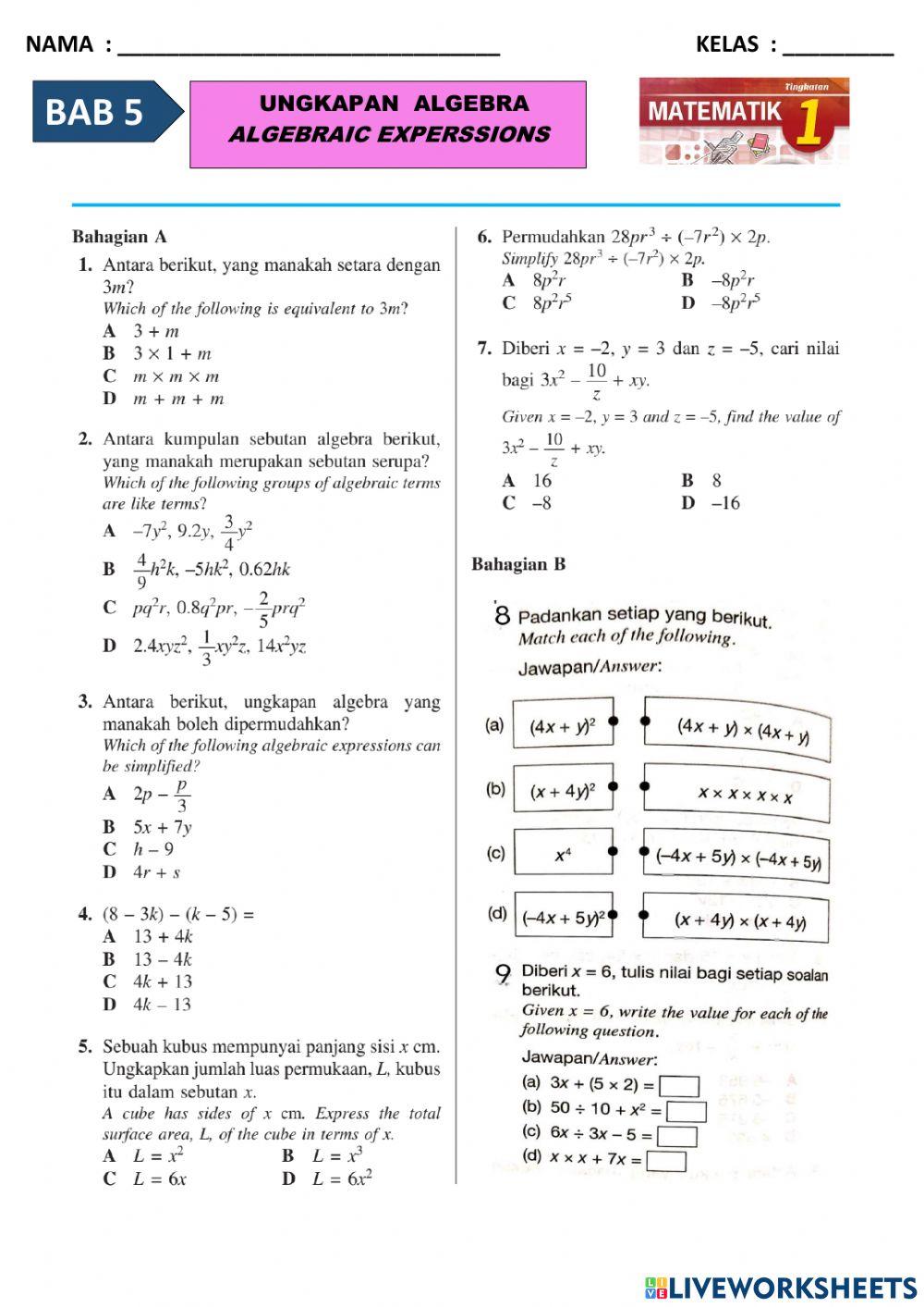 T1B5: Ungkapan Algebra online exercise for | Live Worksheets