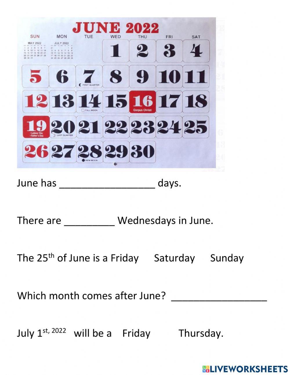Calendar online exercise for | Live Worksheets