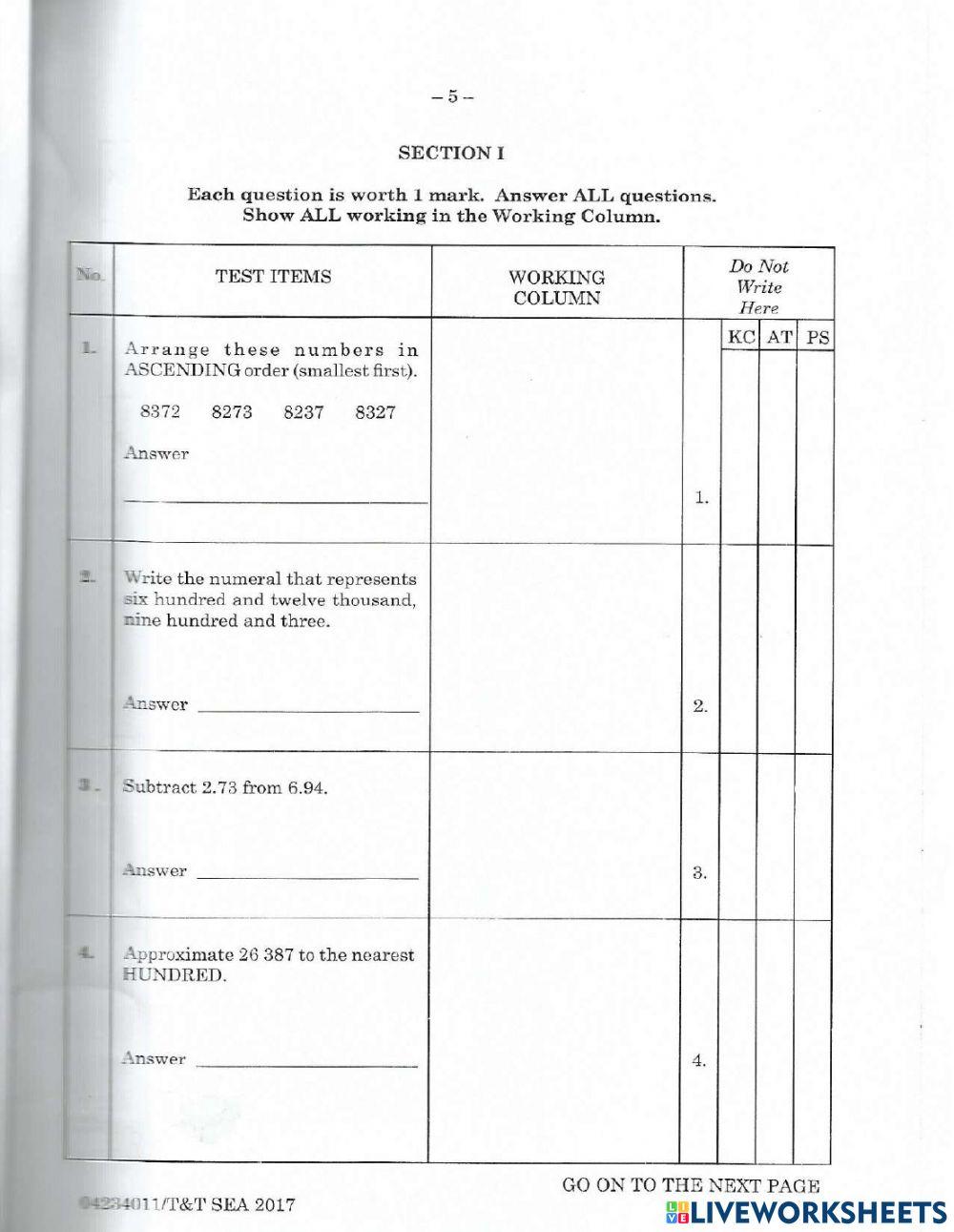Maths SEA | Free Interactive Worksheets | 1827755