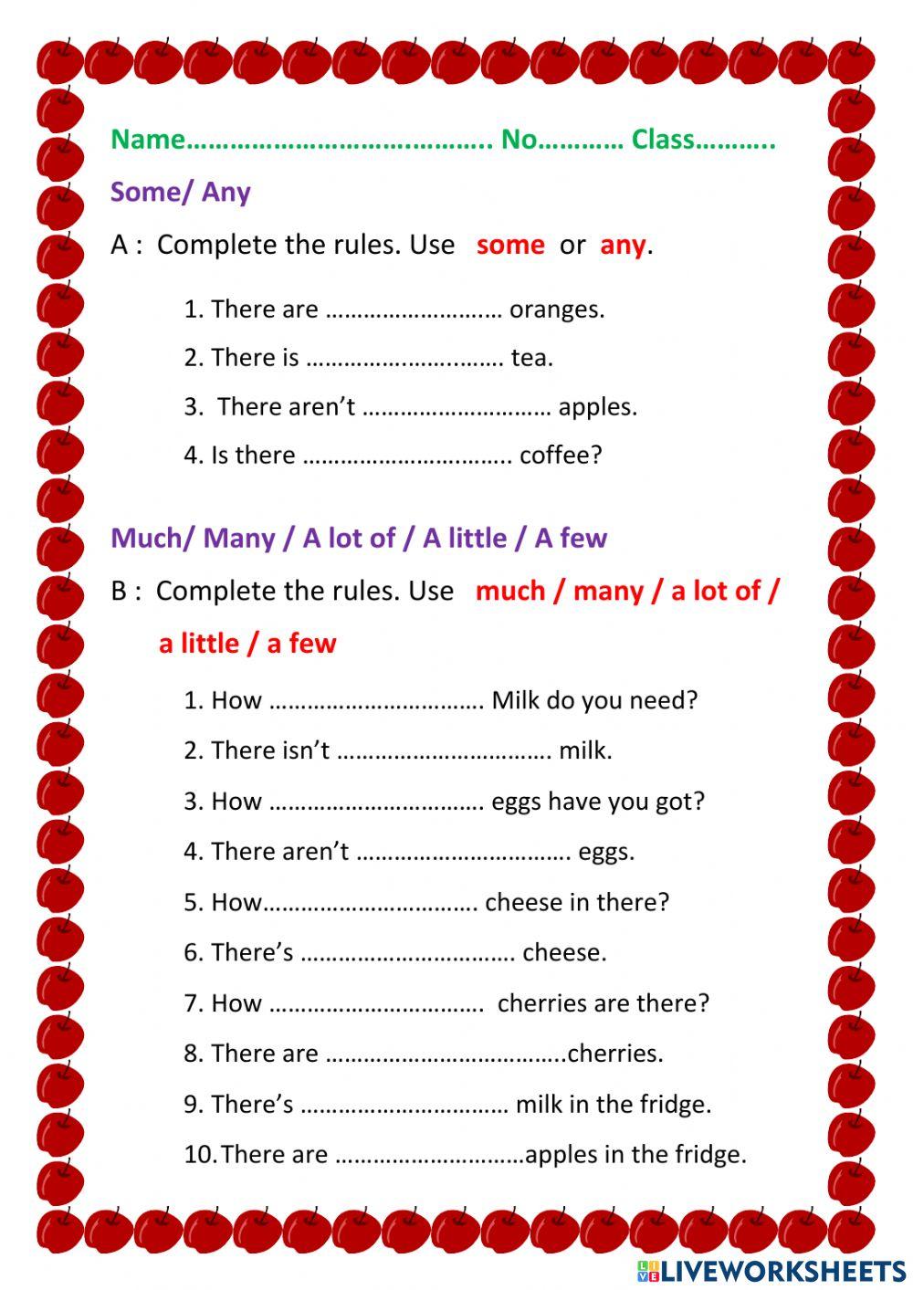 much-many-a lot of-a little-a few online exercise for | Live Worksheets
