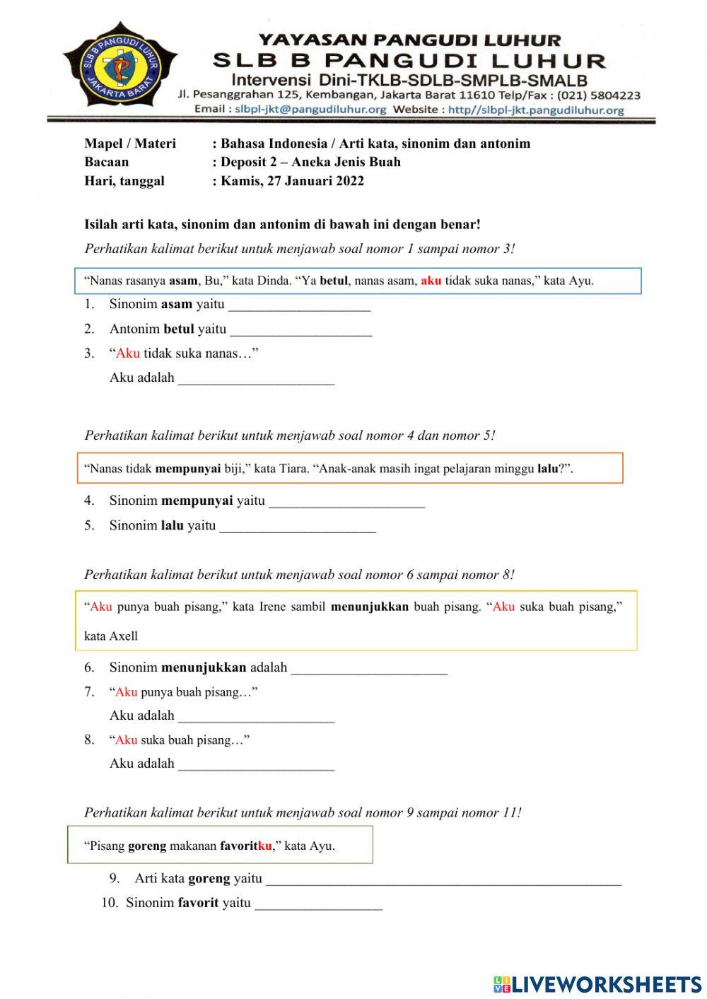 Latihan Sinonim, Antonim - Aneka Jenis Buah 1829504