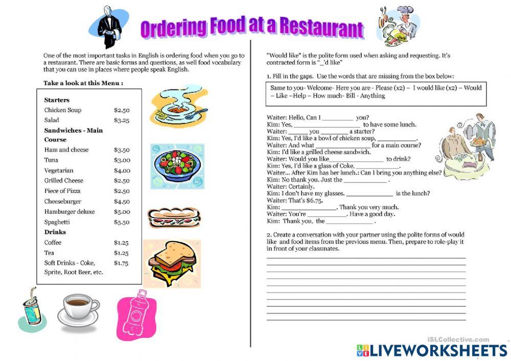 Ordering food at a restaurant Worksheet online exercise for | Live ...
