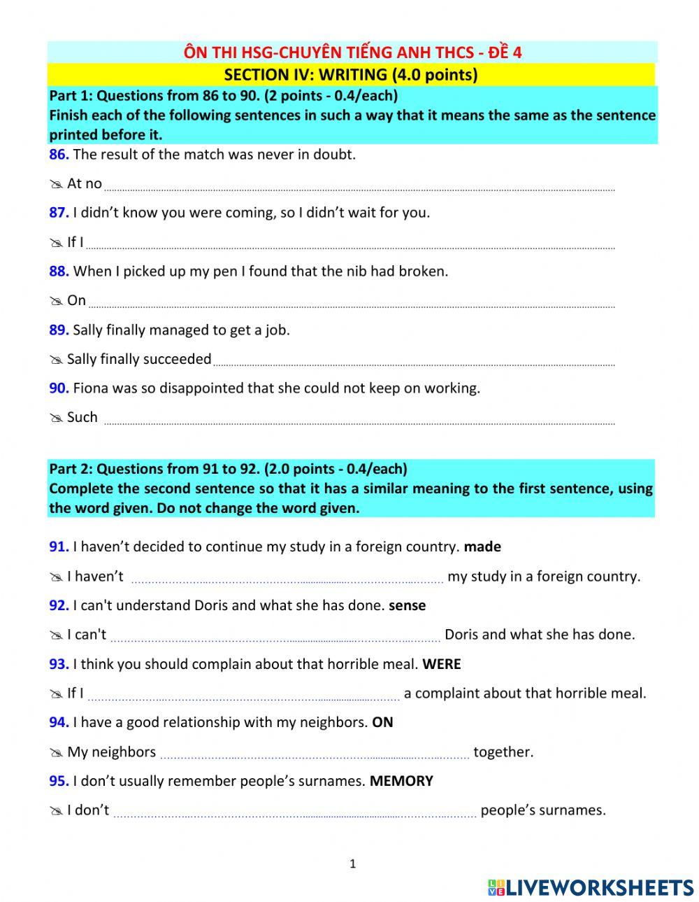 Ôn hsg-chuyên av9-đề 4-p4-writing interactive worksheet | Live Worksheets