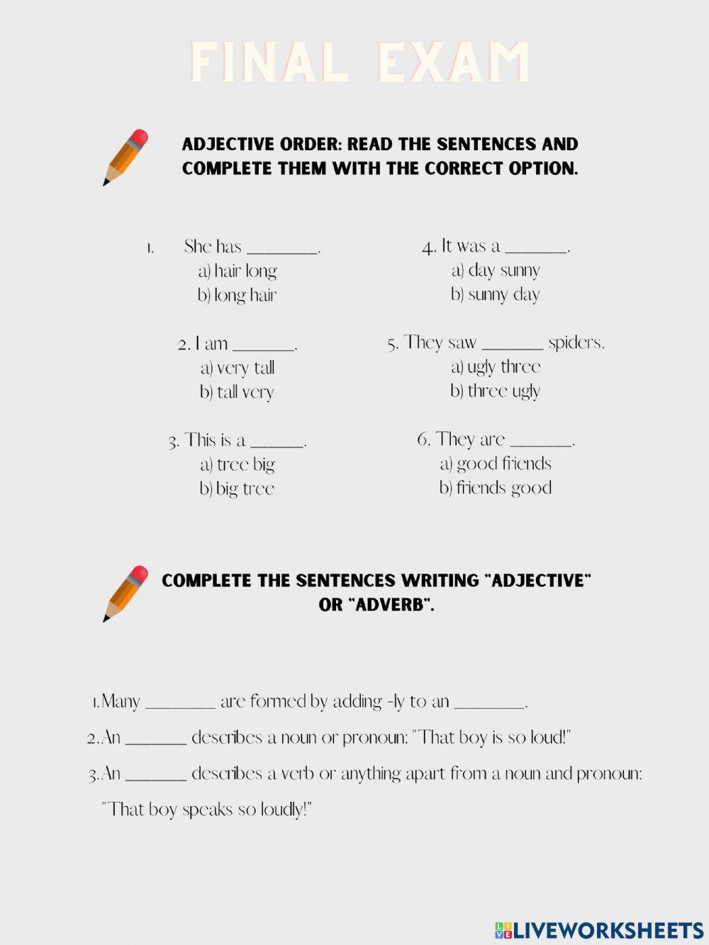 Final exam online exercise for 1 | Live Worksheets