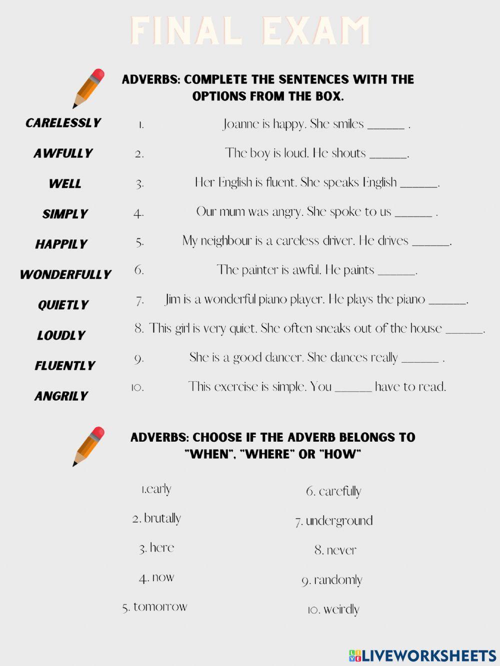 Final exam online exercise for 1 | Live Worksheets