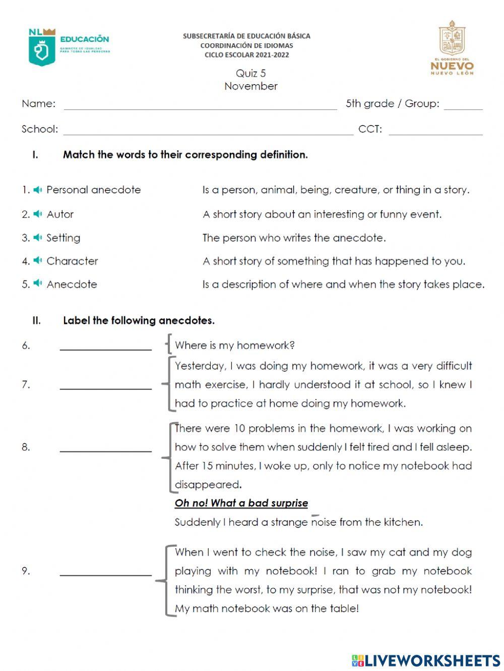 5th grade - QUIZ JANUARY 5287030 | Luz Tello | Live