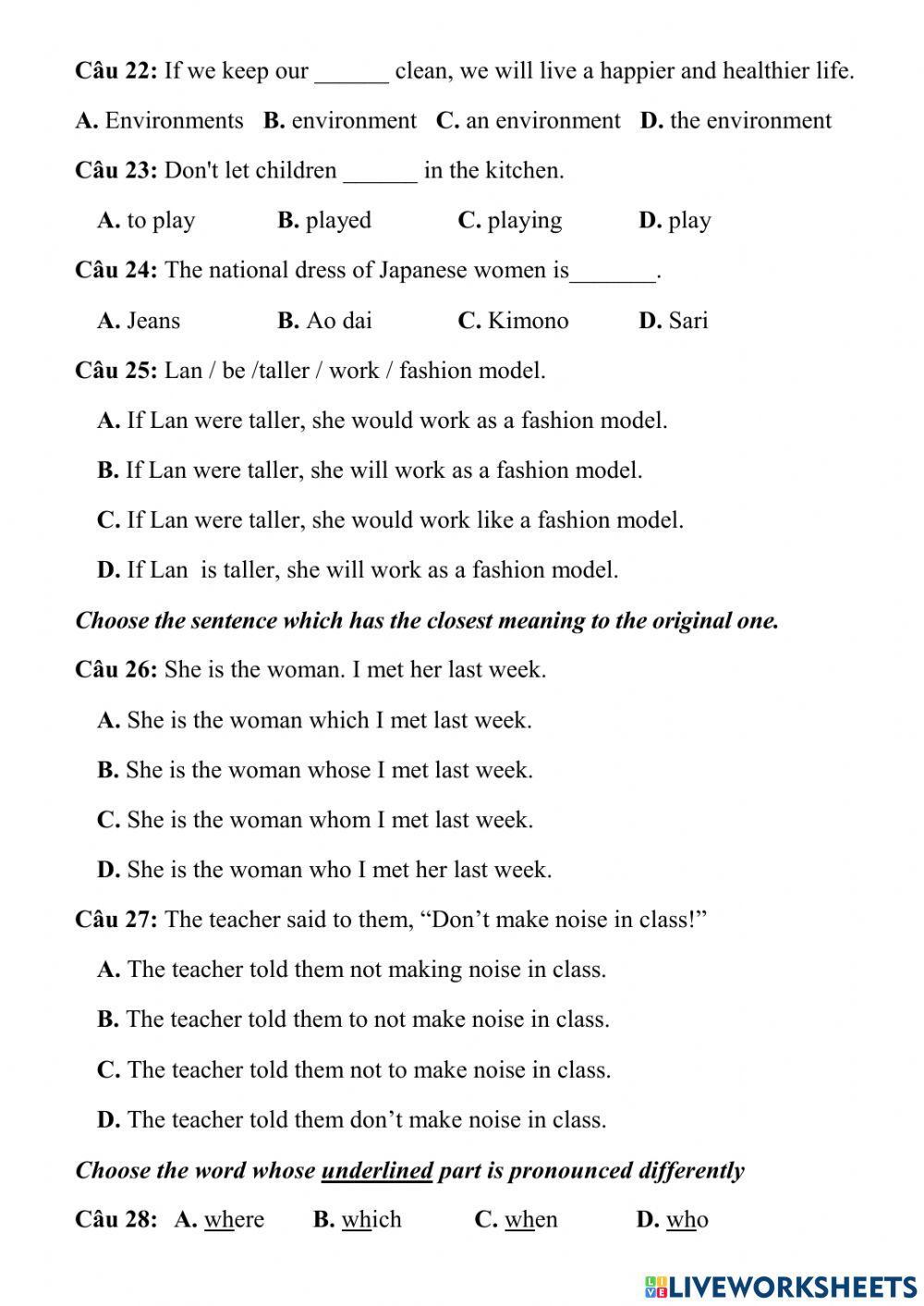 TA9 - De thi tot nghiep - 34 worksheet | Live Worksheets