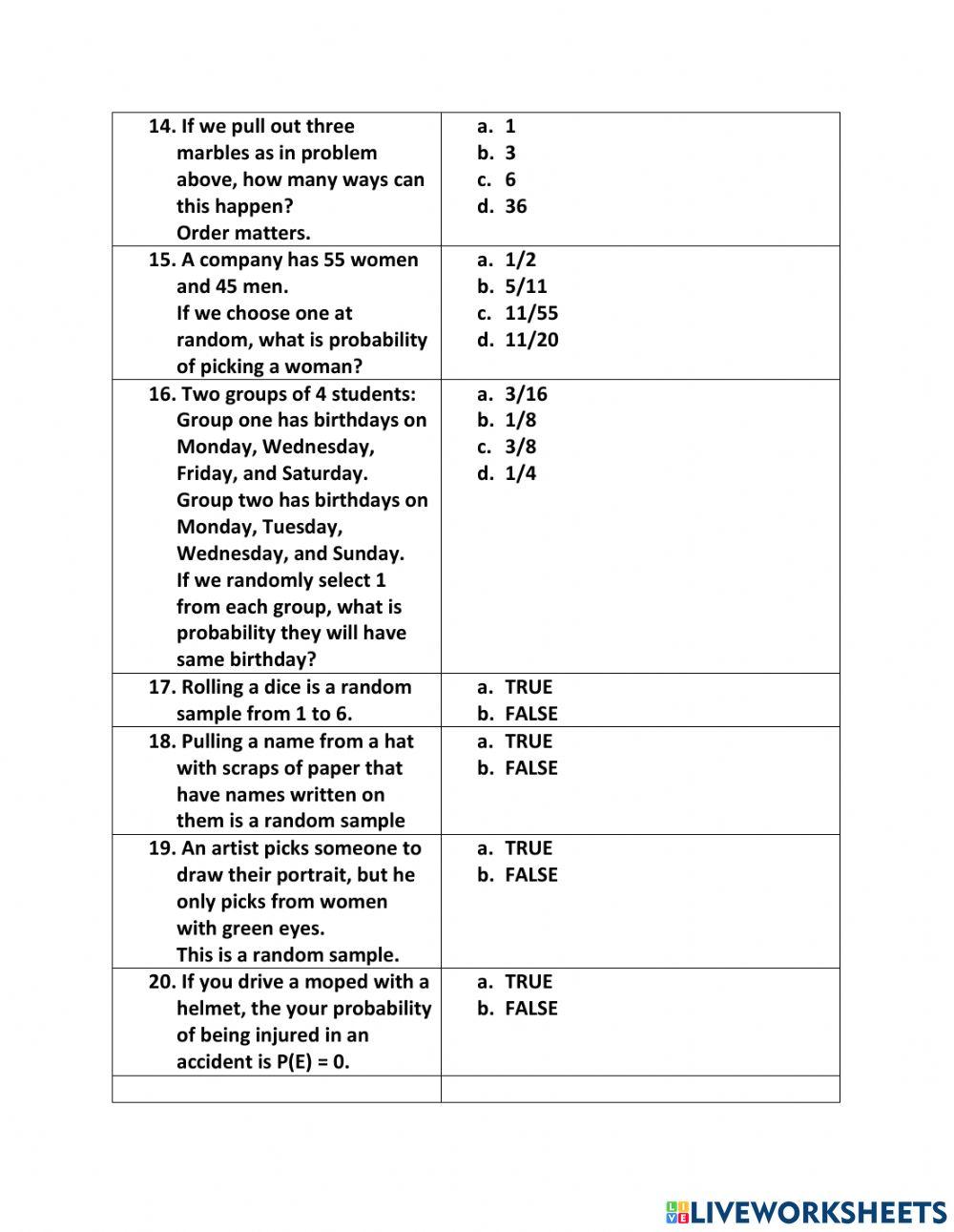TEST M3 - Probability and Decision Making online exercise for | Live ...