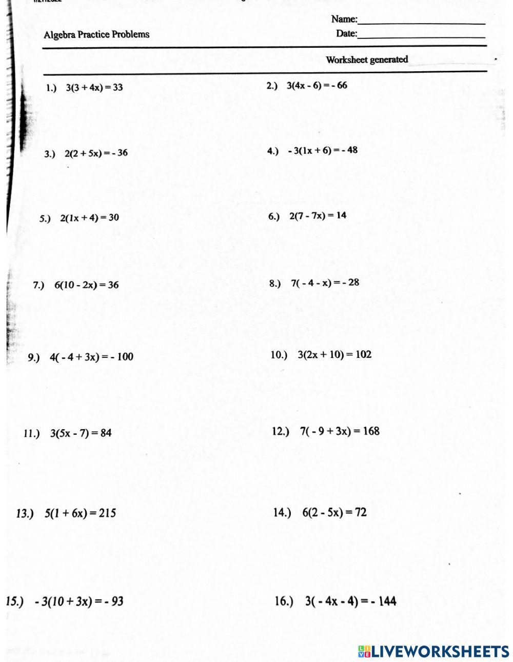 Equations with Distribution interactive worksheet | Live Worksheets