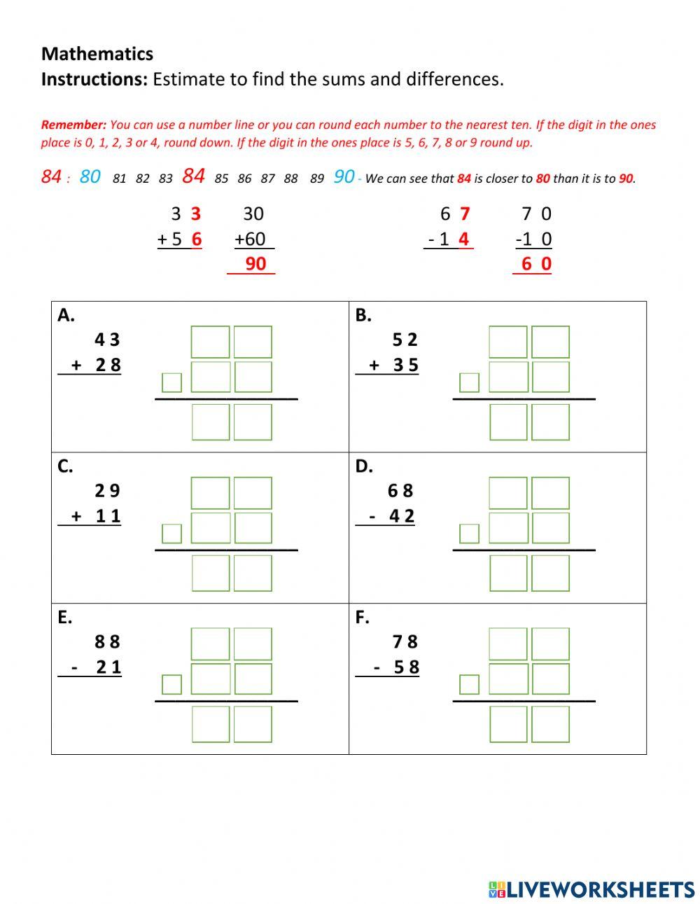 Mathematics Estimate To Find The Sums And Differences Worksheet mathematics-estimate-to-find-the-sums-and-differences-worksheet