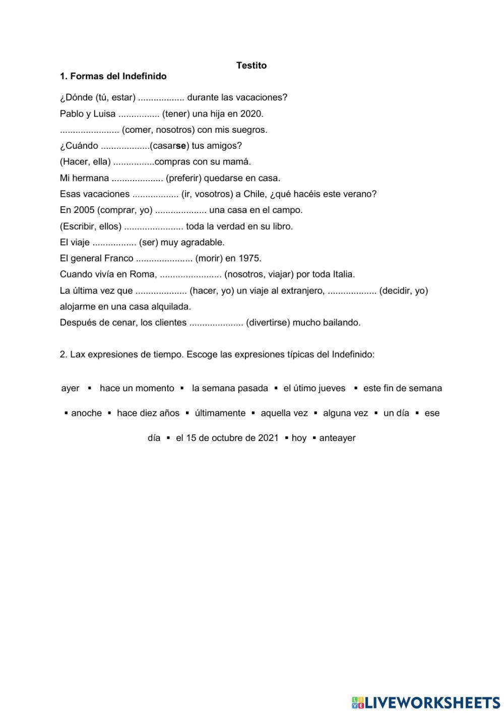 Indefinido - repaso online exercise for | Live Worksheets