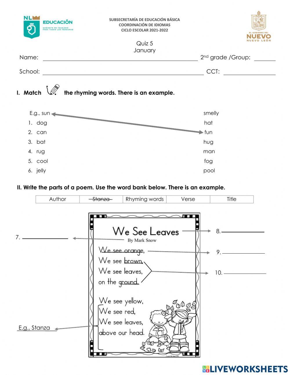 January quiz - 2nd grade online exercise for | Live Worksheets