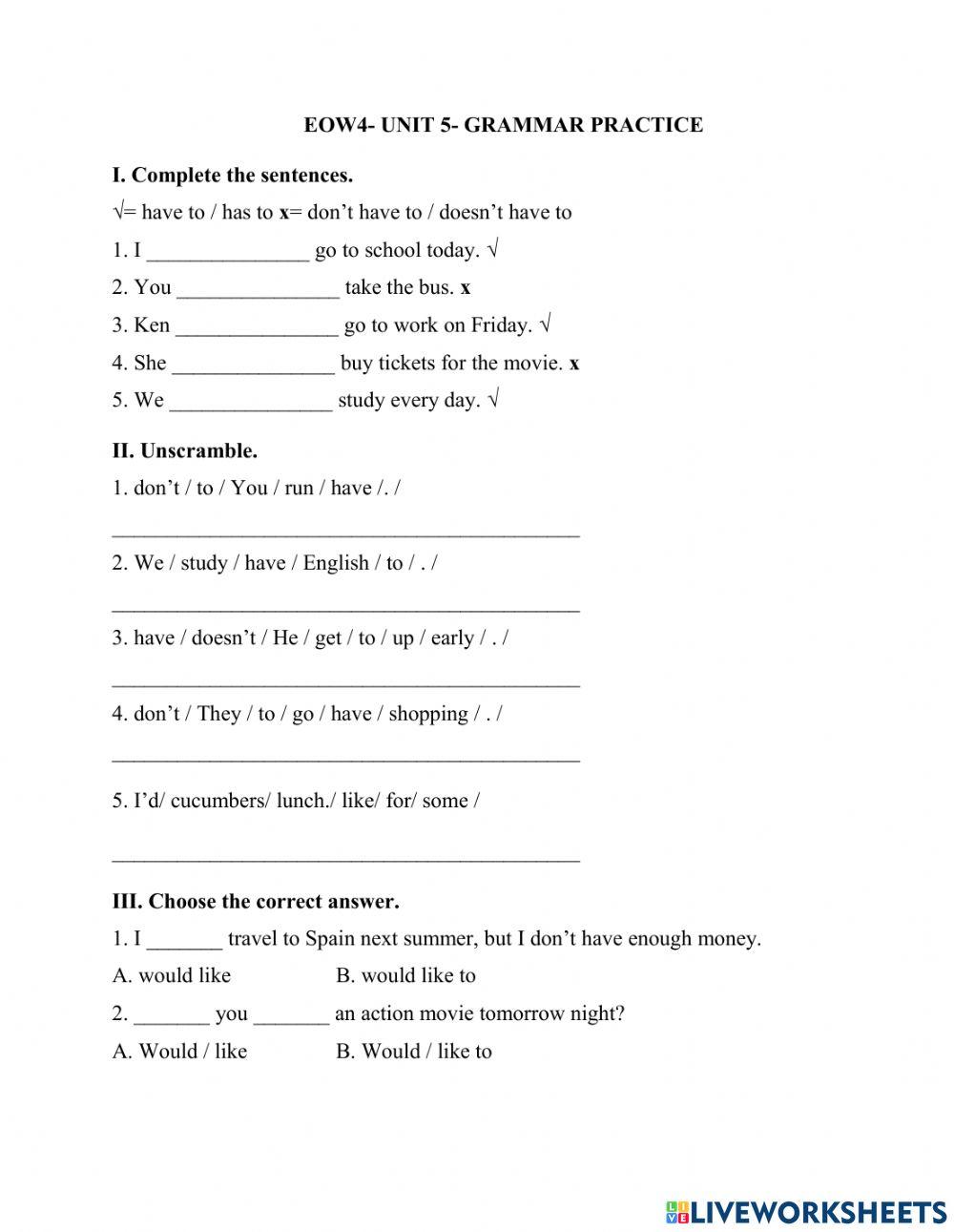 EOW4- UNIT 5- GRAMMAR PRACTICE | ngannguyen88 | Live
