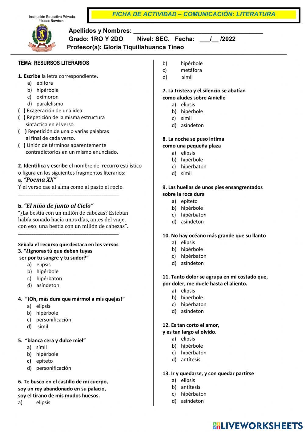 RECURSOS LITERARIOS 12 online exercise for | Live Worksheets RECURSOS LITERARIOS 12 online exercise for | Live Worksheets