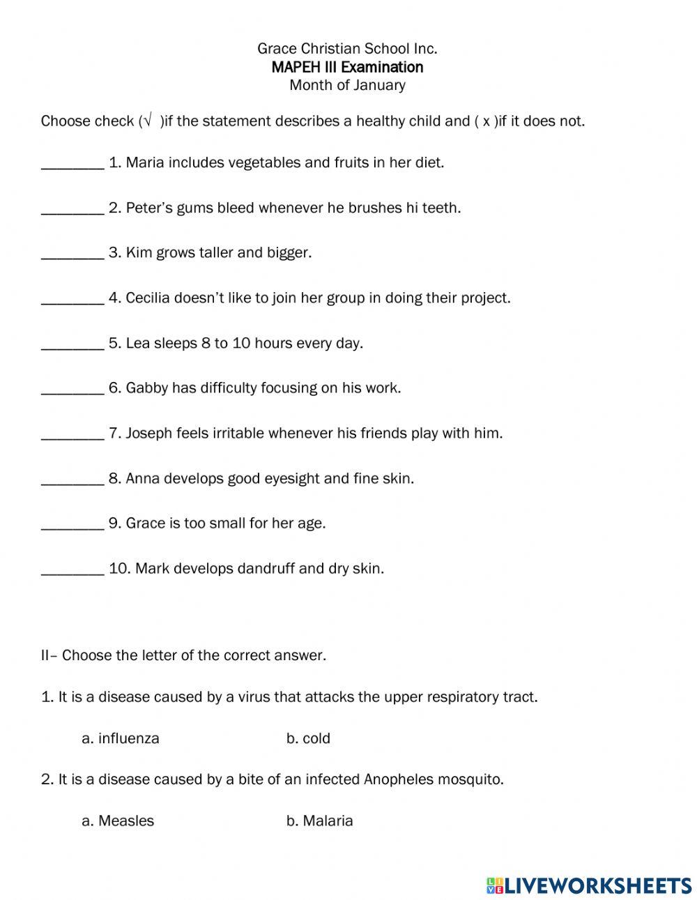 Health online exercise for 3 | Live Worksheets