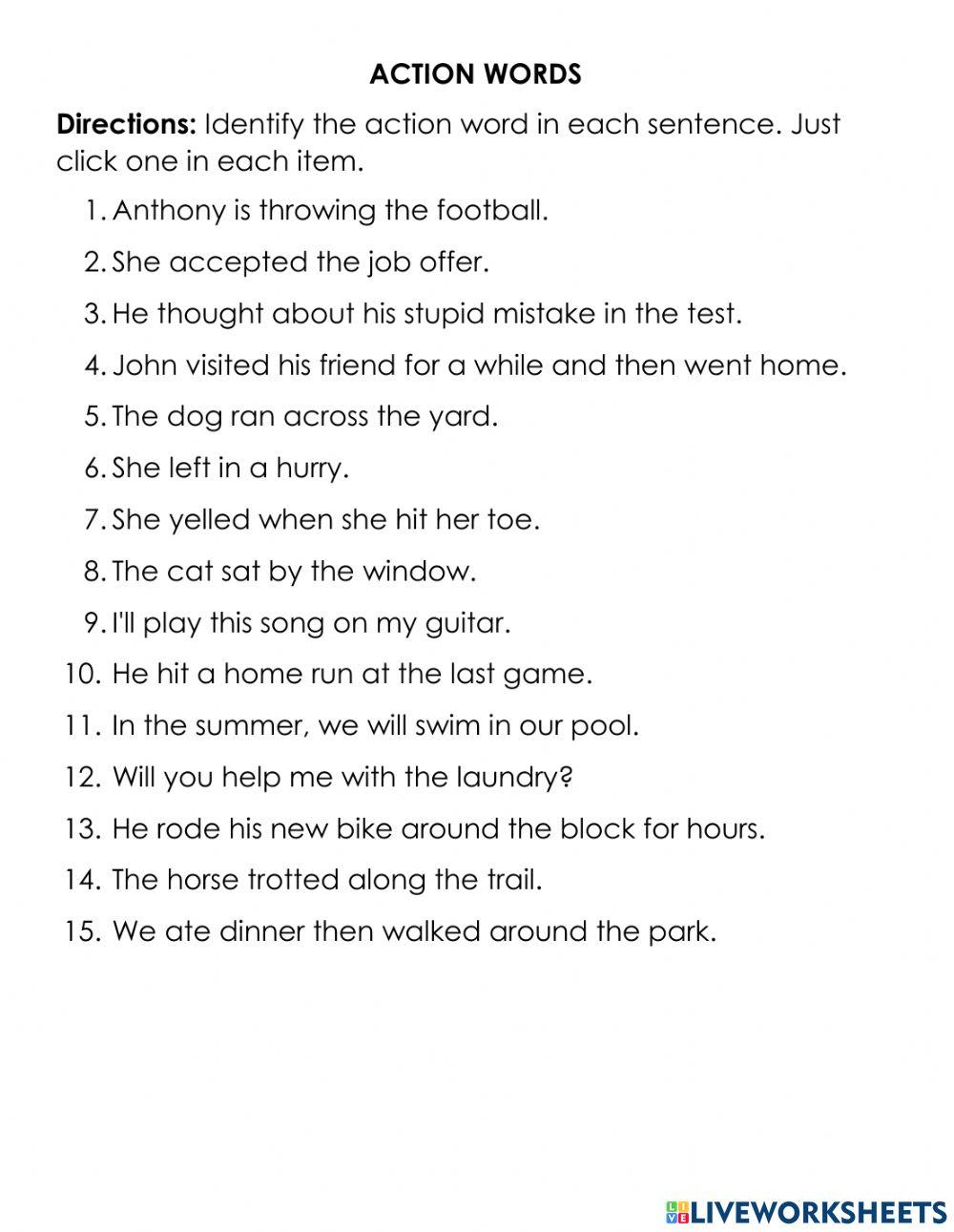 1832426 | Action words | pamelachie0796 | LiveWorksheets