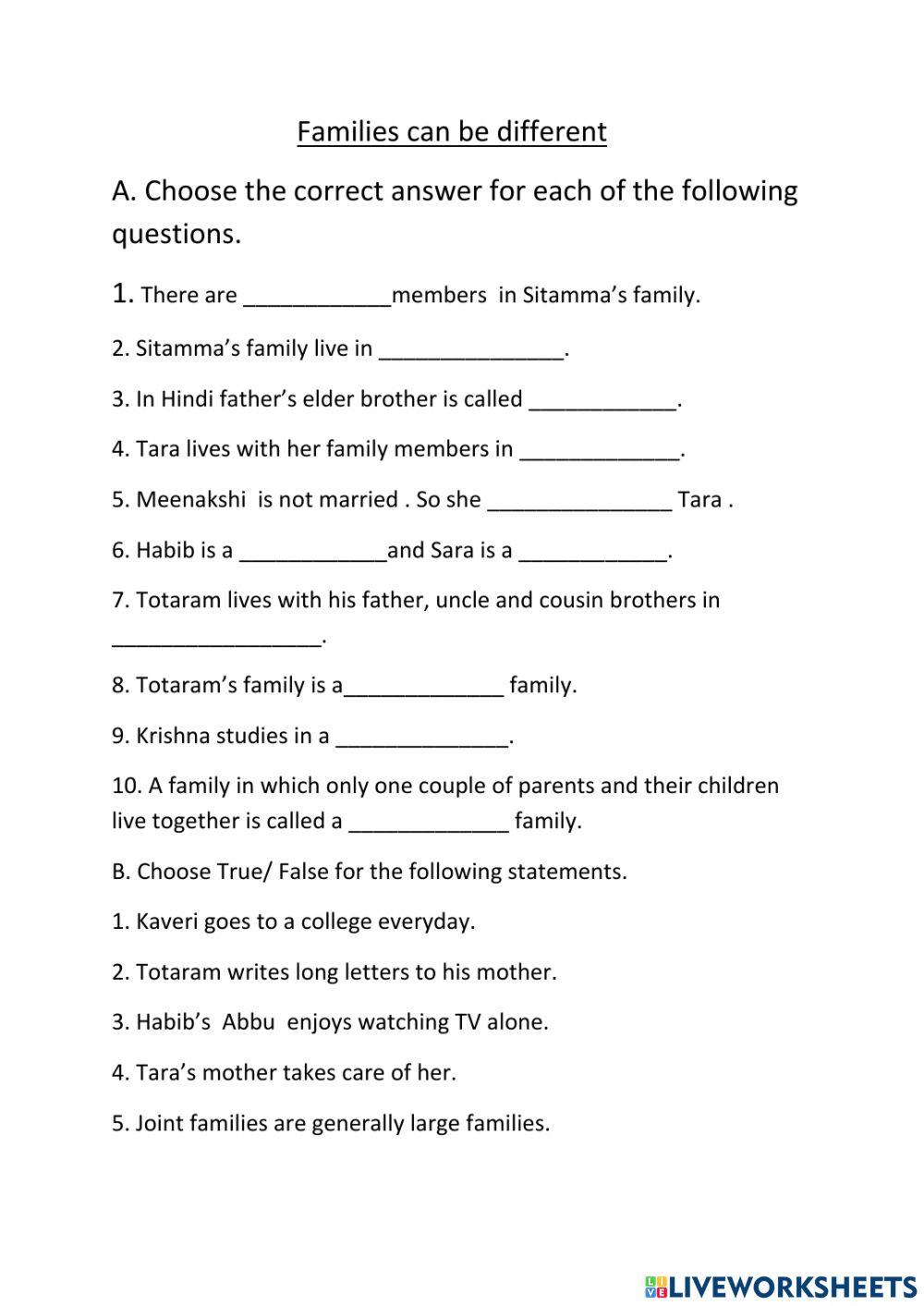 Families can be different online exercise for | Live Worksheets