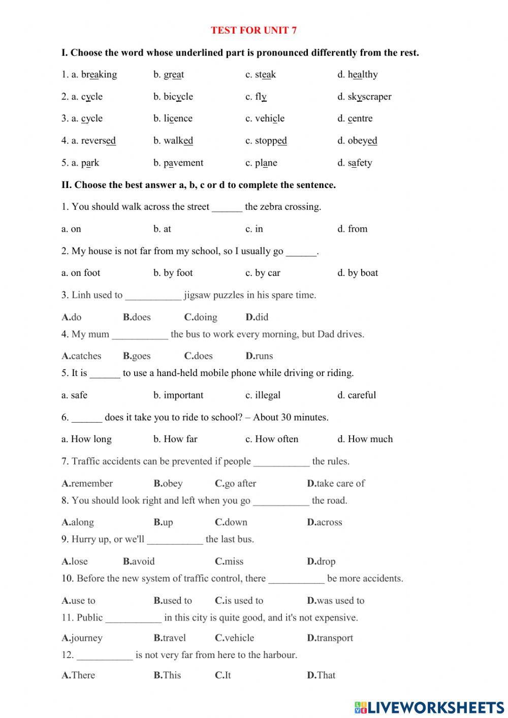 Test G7-Unit 7 worksheet | Live Worksheets