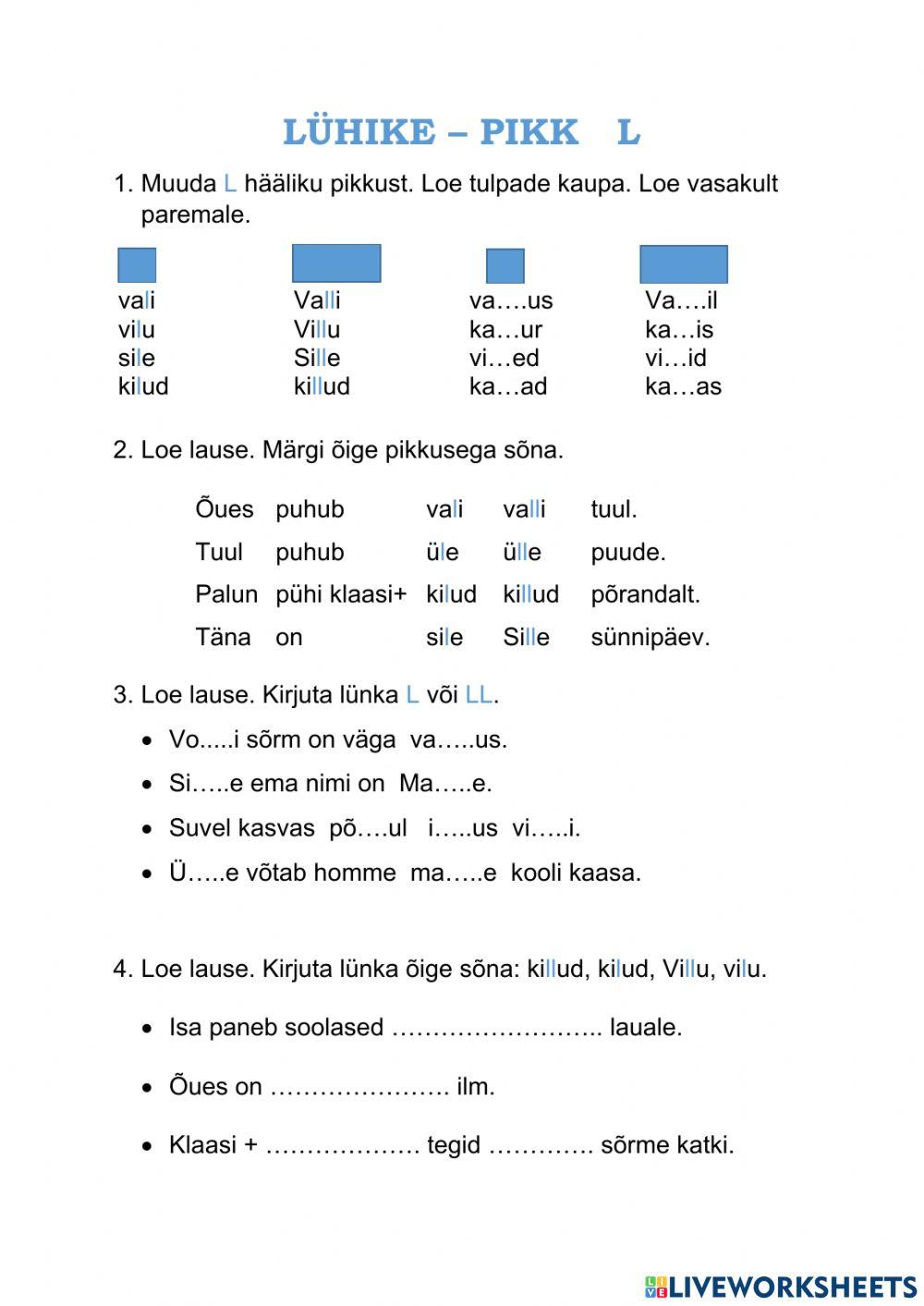 Lühike - pikk L | Free Interactive Worksheets | 1814443