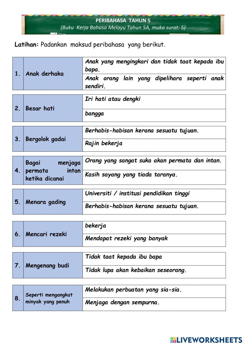 Peribahasa Tahun 5 Unit:1 online exercise for | Live Worksheets