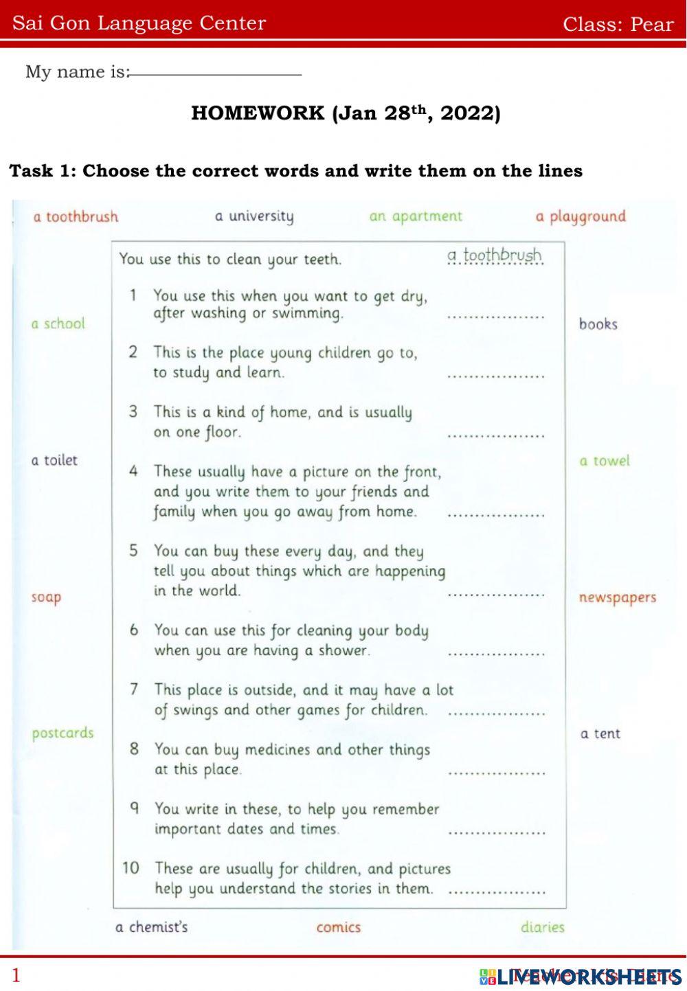 Homework-class Pear Jan 28th worksheet | Live Worksheets