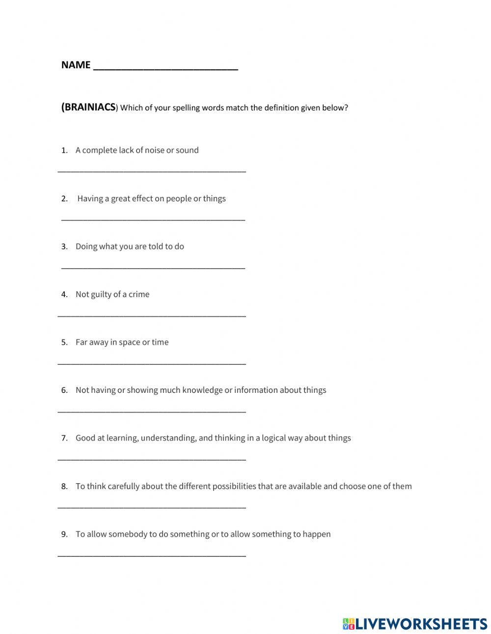 Brainiacs Definitions Worksheet online exercise for | Live Worksheets