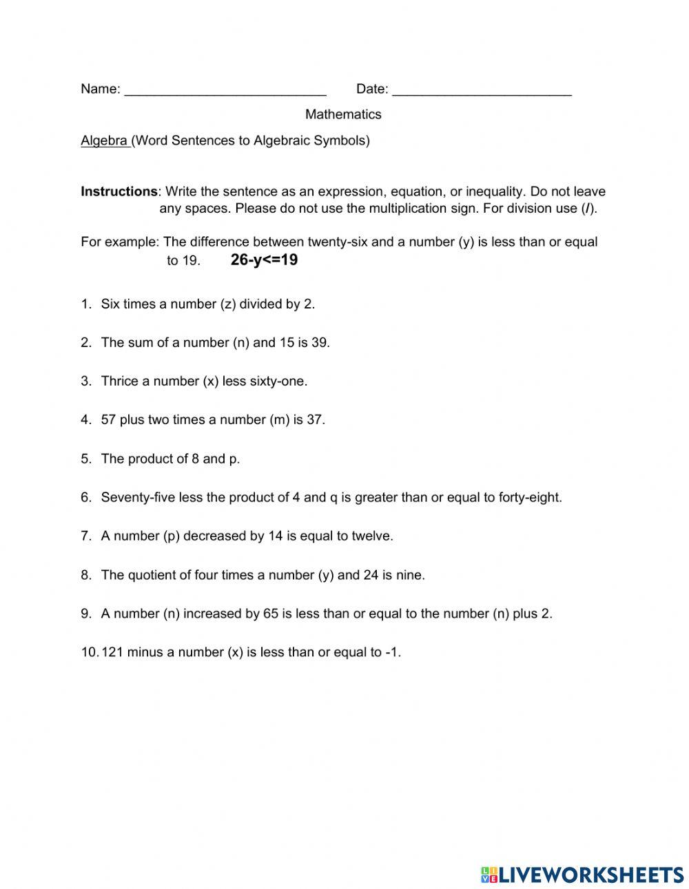 Word Sentences to Algebraic Symbols online exercise for | Live Worksheets