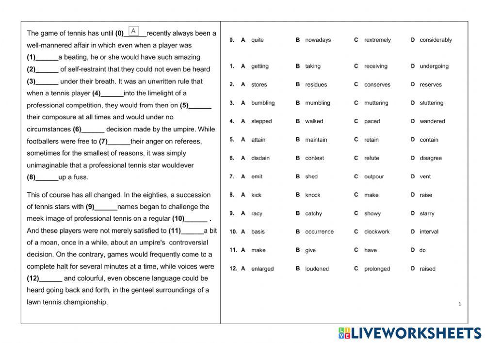 CAE MULTIPLE CHOICE CLOZE 1 online exercise for | Live Worksheets