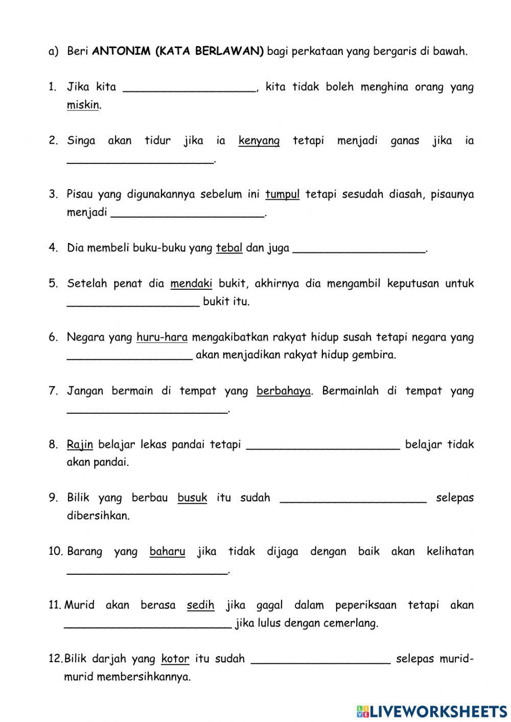 ANTONIM TAHUN 5 online exercise for | Live Worksheets