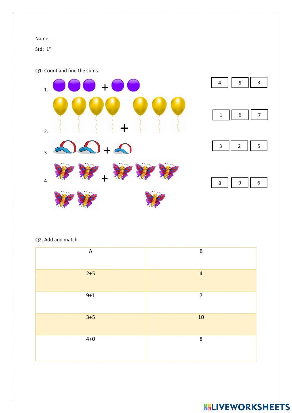 Addition online exercise for 1 | Live Worksheets