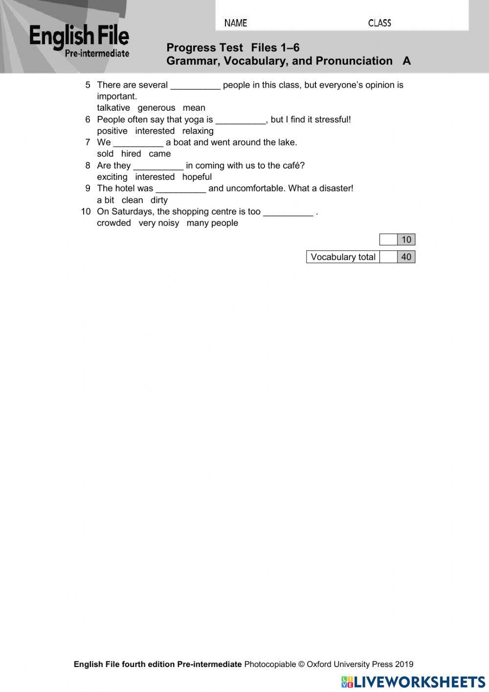 PRE-INTERMEDIATE 1-6, variant A Midcourse online exercise for | Live Worksheets