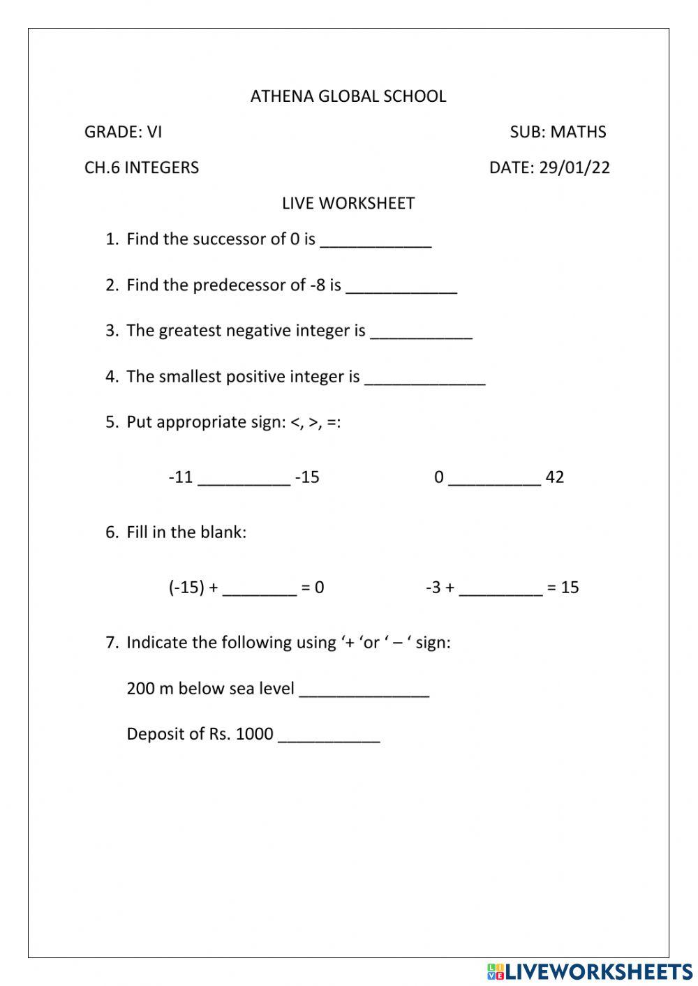 Ch.6 Integers online exercise for | Live Worksheets