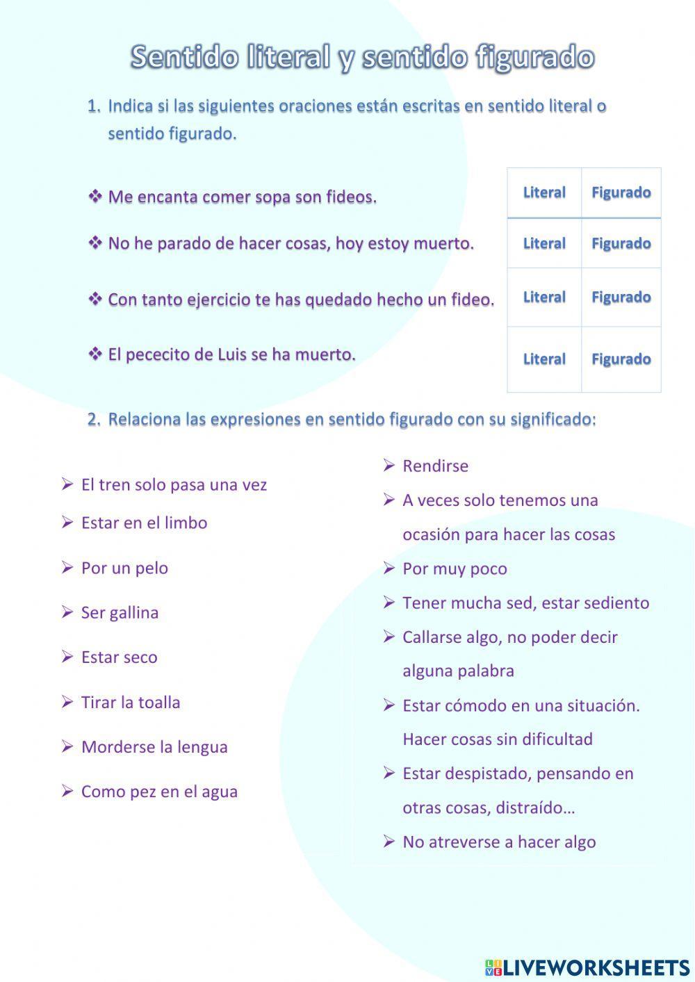 Ejemplos Ejercicios De Sentido Literal Y Figurado Para Imprimir Nuevo ...