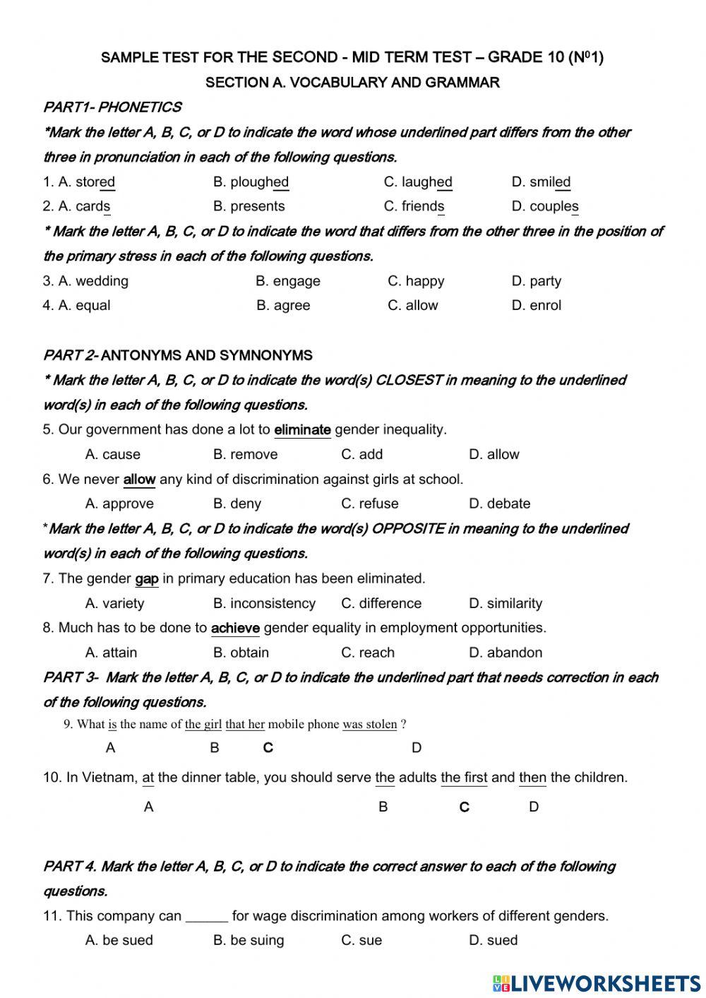 Sample test for the second - mid term test – grade 10 (n01) worksheet ...