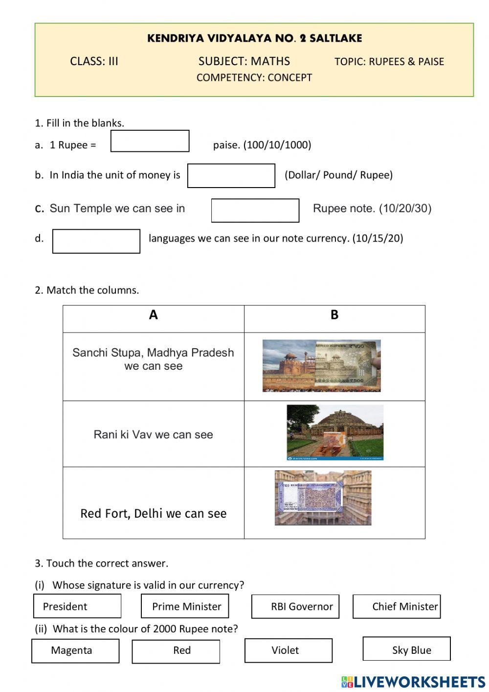 rupees-and-paise-live-worksheets