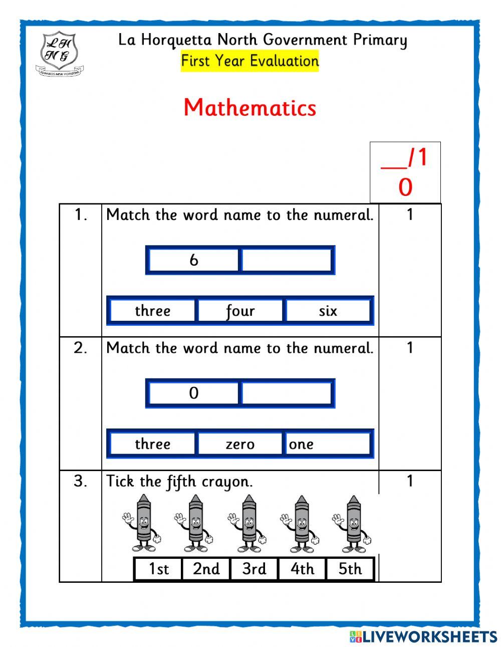 Mathematics Evaluation online exercise for | Live Worksheets