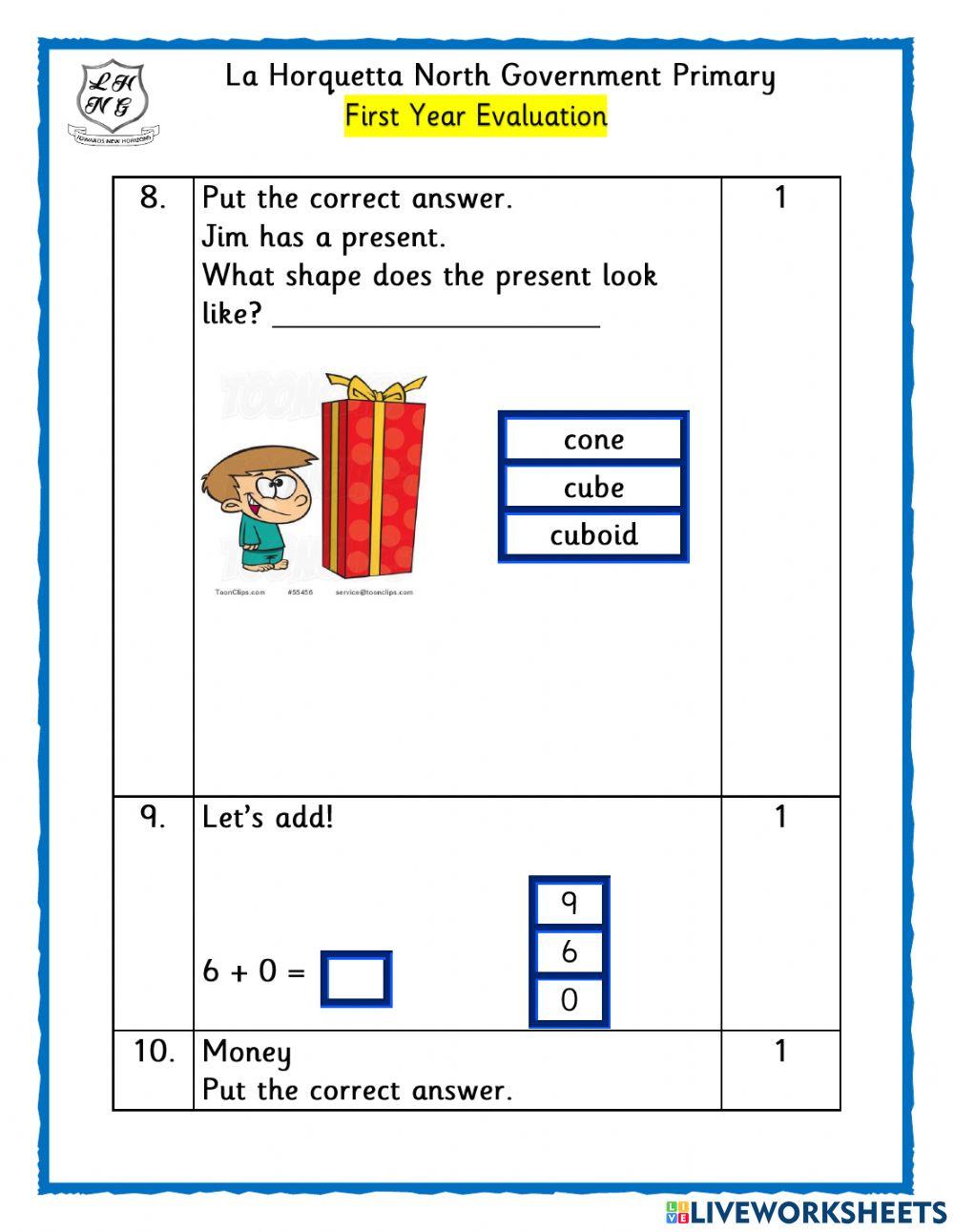 Mathematics Evaluation online exercise for | Live Worksheets