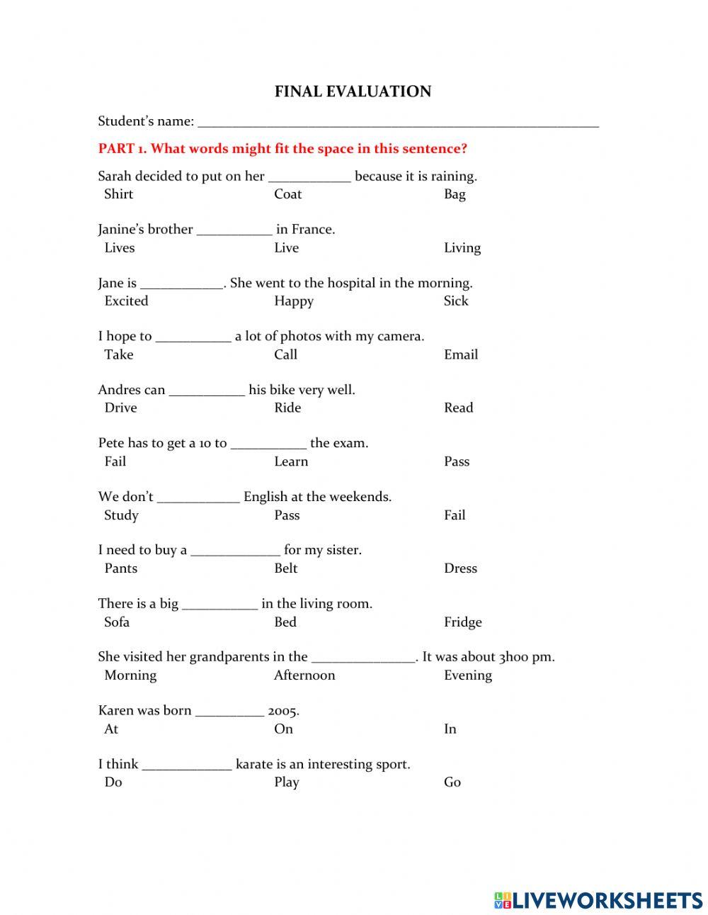 Final Evaluation - Teens Intermediate worksheet | Live Worksheets