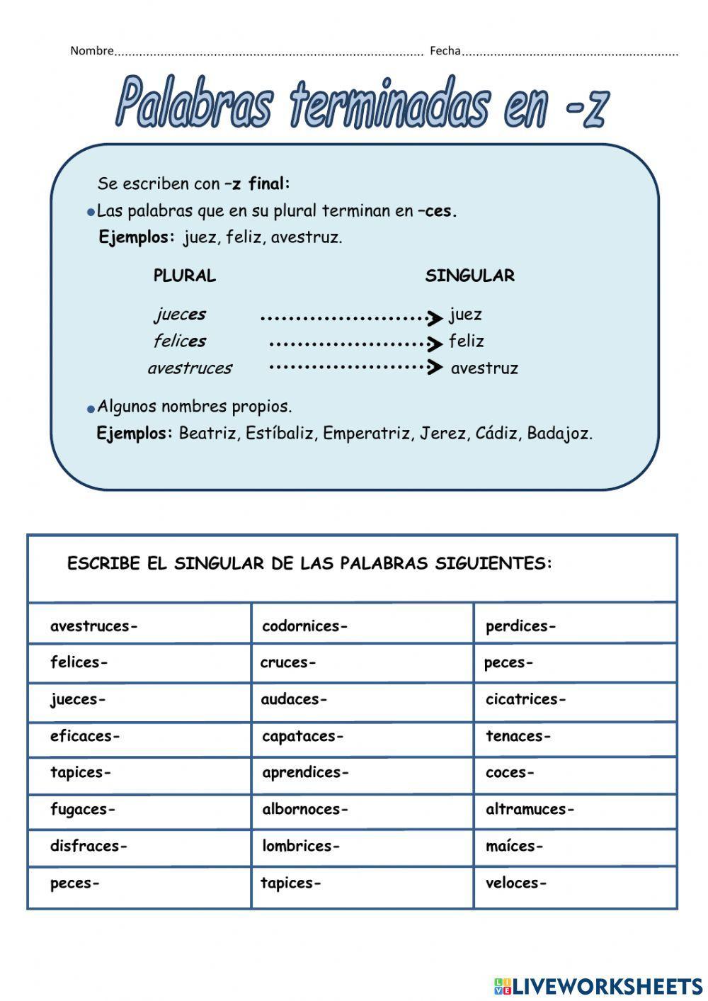 Palabras con z online worksheet | Live Worksheets