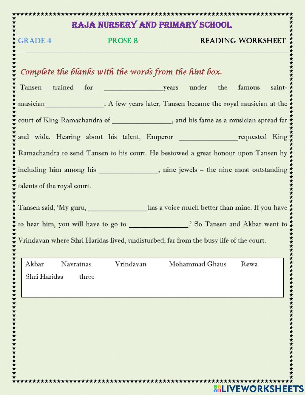 Grade-4 Prose-8 Reading Worksheet 1766963