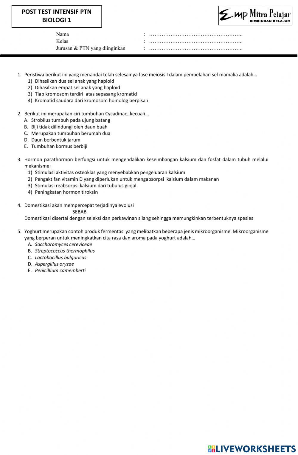 Biologi | Free Interactive Worksheets | 1767212