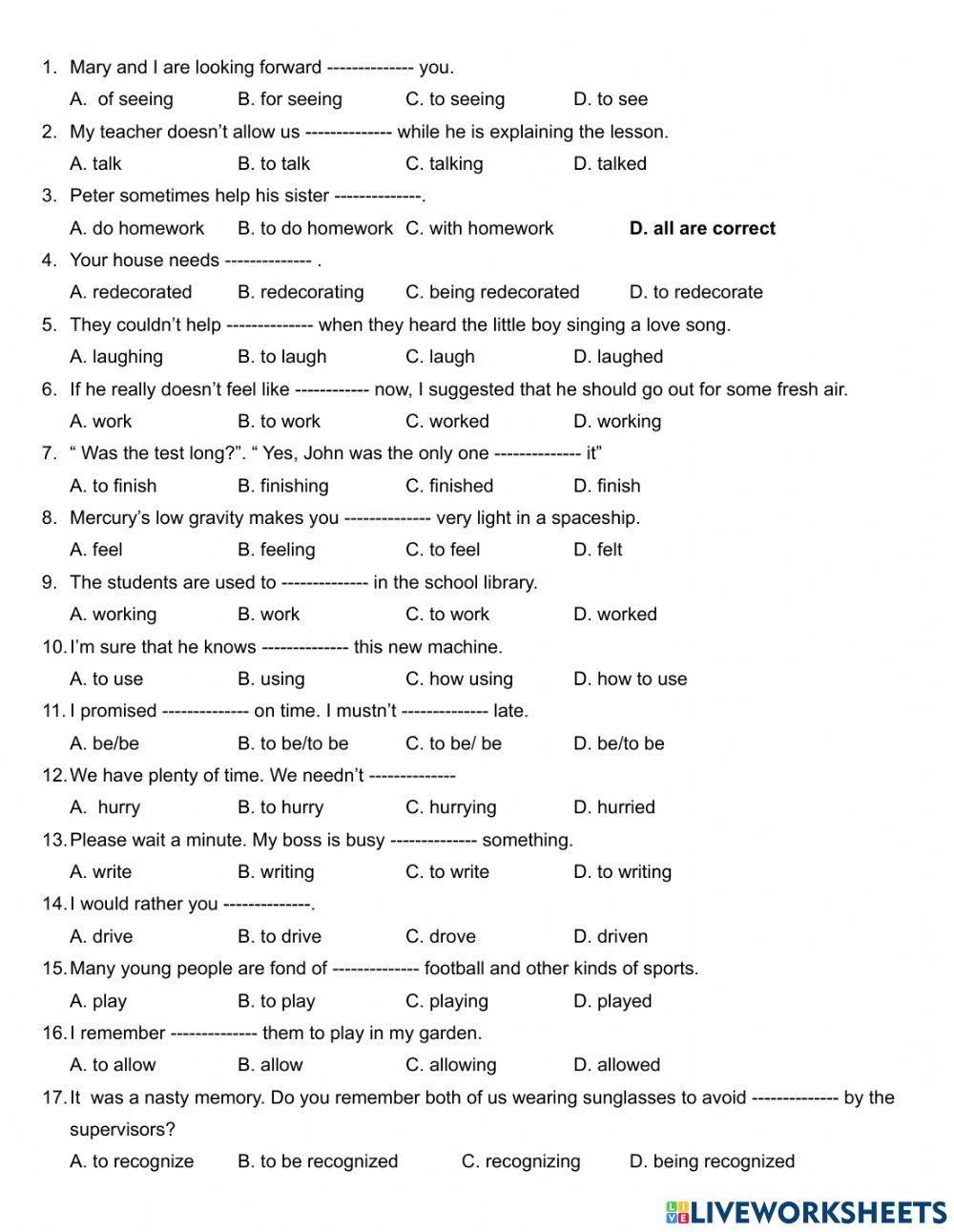 V-ing & to Infi | Free Interactive Worksheets | 1767355