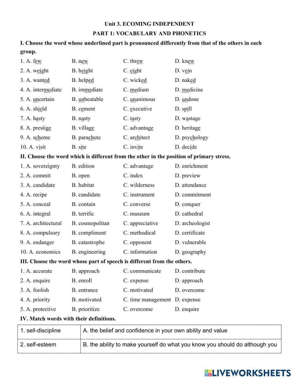 Unit 3. ECOMING INDEPENDENT PART 1: VOCABULARY AND PHONETICS worksheet ...