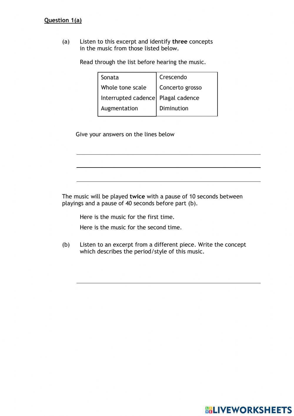 Higher Music q1-f worksheet | Live Worksheets