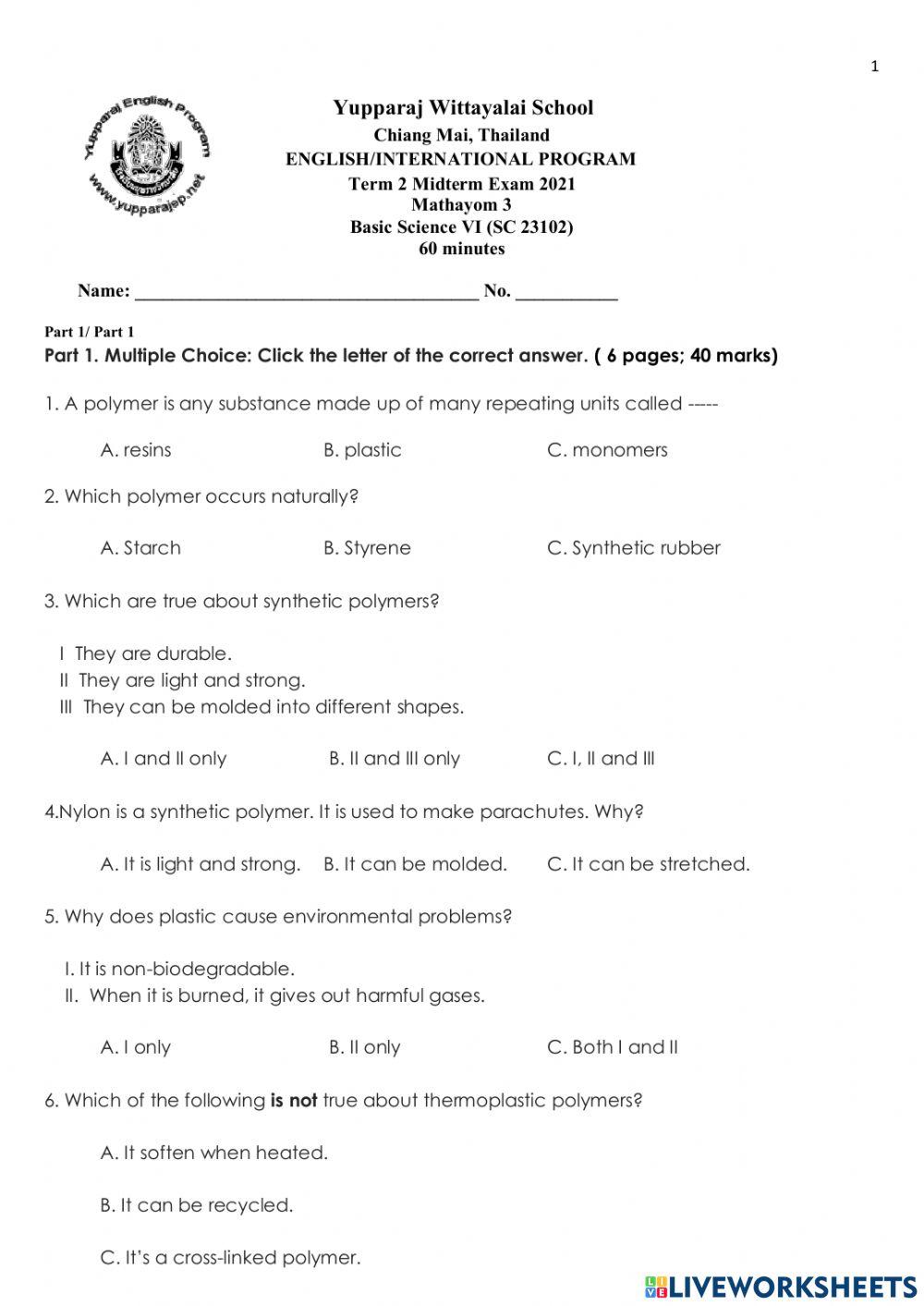M3 Science Midterm Test online exercise for | Live Worksheets