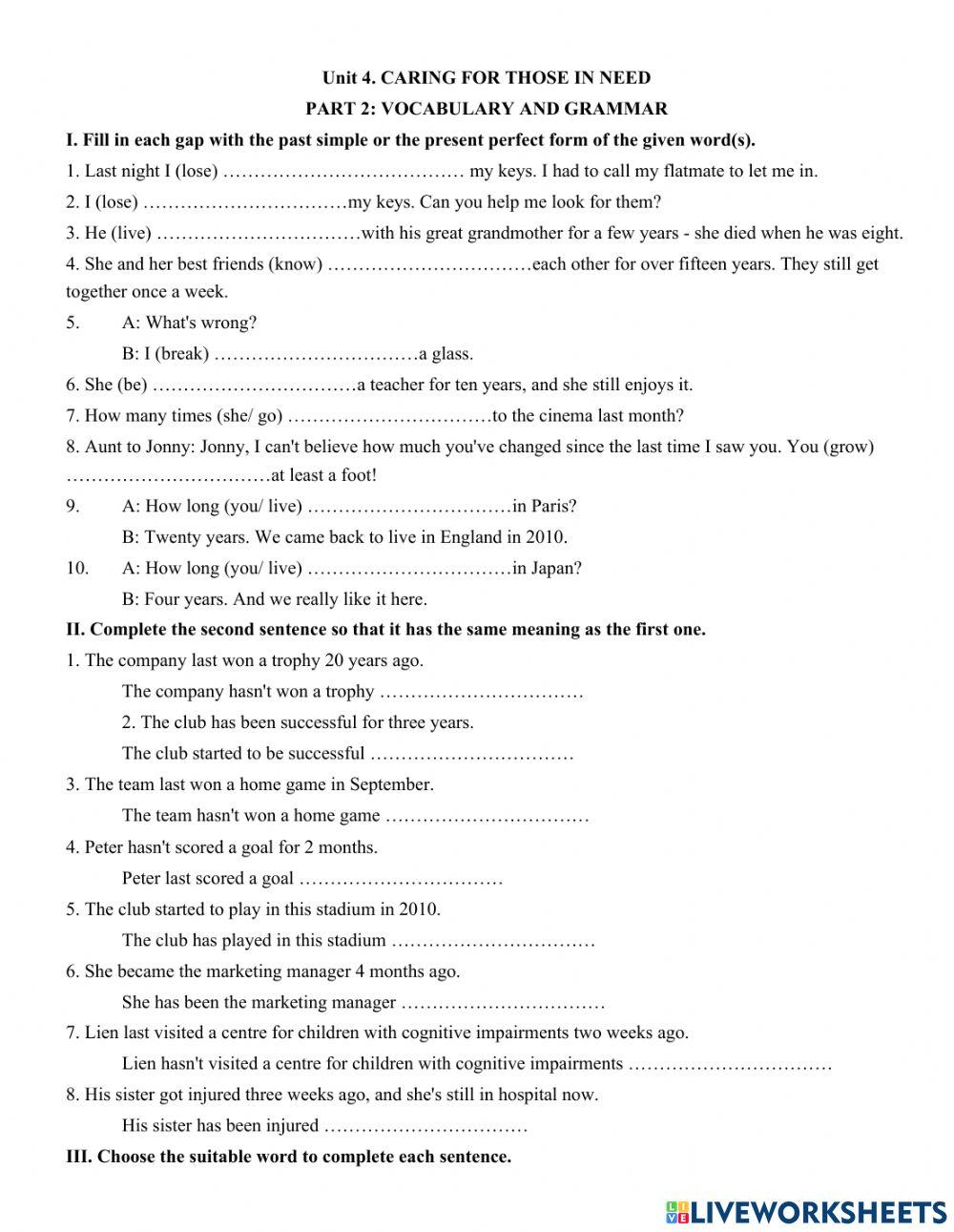 Unit 4. CARING FOR THOSE IN NEED PART 2: VOCABULARY AND GRAMMAR ...