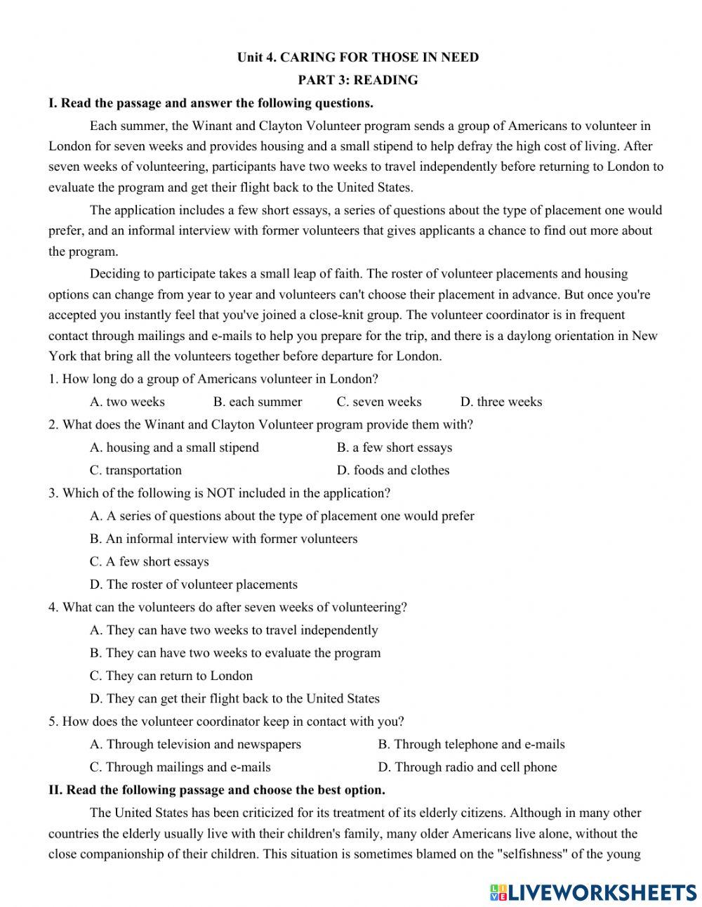 Unit 4. CARING FOR THOSE IN NEED PART 3: READING 1768216